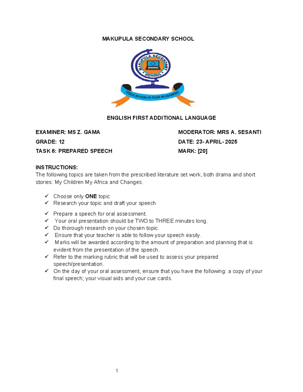 Prepared Speech Guidelines for Grd 12 English 2025 - Studocu