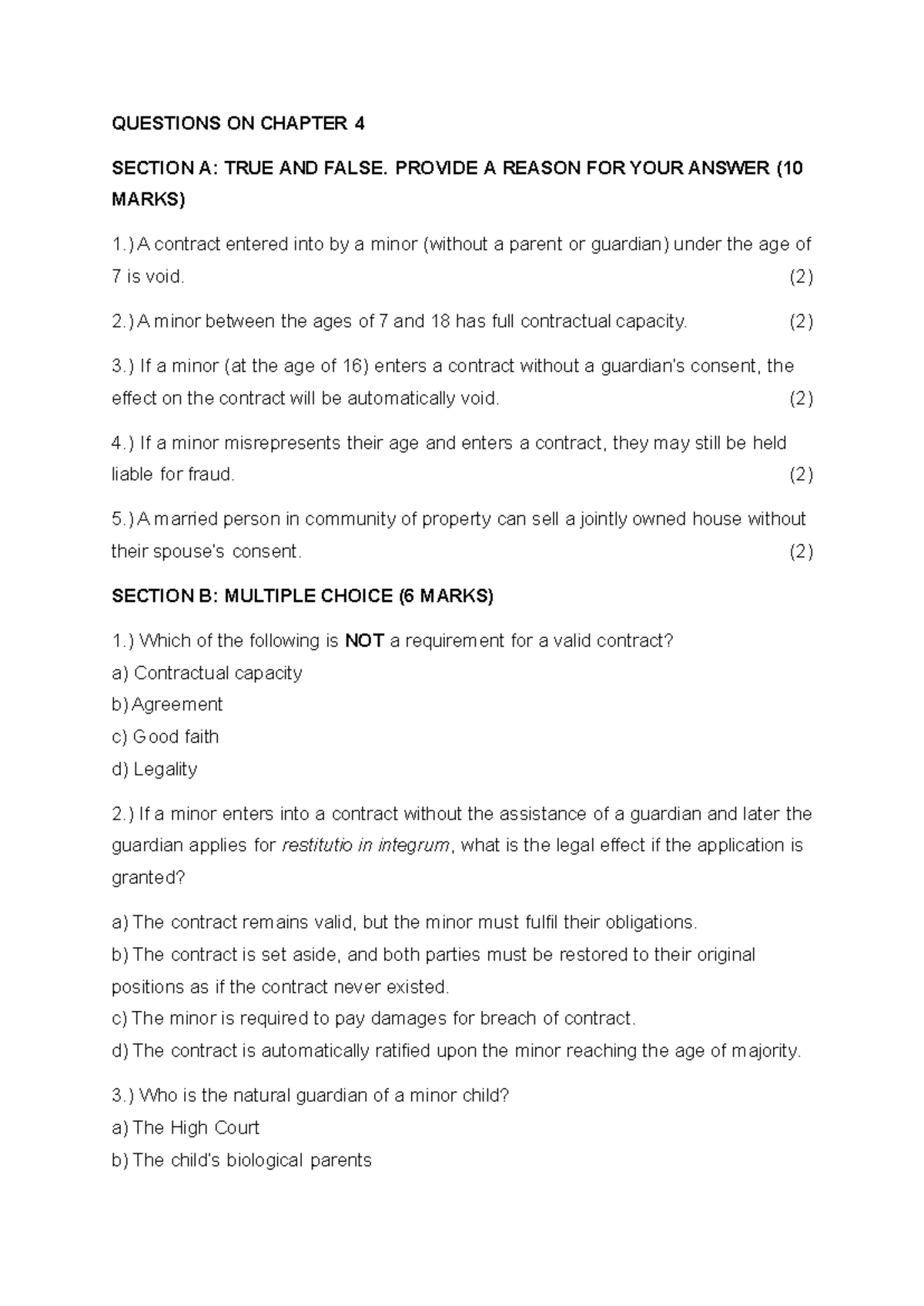 JHA1X1 Chapter 4 Tutorial Exercise - QUESTIONS ON CHAPTER 4 SECTION A: TRUE AND FALSE. PROVIDE A ...