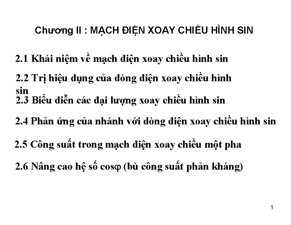 Chương II: Mạch Điện Xoay Chiều Hình Sin - Kỹ Thuật Điện - Studocu
