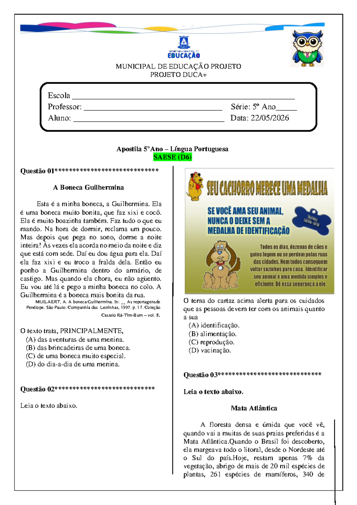 Apostila Preparatória 5º Ano: Língua Portuguesa e Matemática (D6, D1 ...