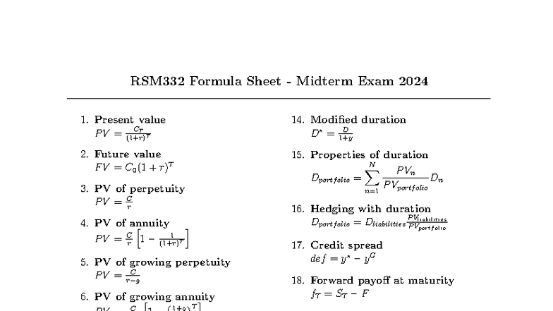RSM332H1F Midterm Exam 2024 Formula Sheet - Studocu