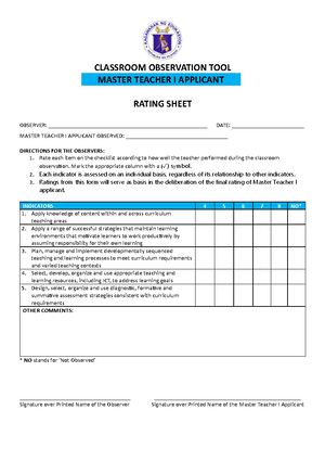 MTI NCOI Rating Sheet - NON-CLASSROOM OBSERVABLE TOOL MASTER TEACHER I APPLICANT RATING SHEET ...