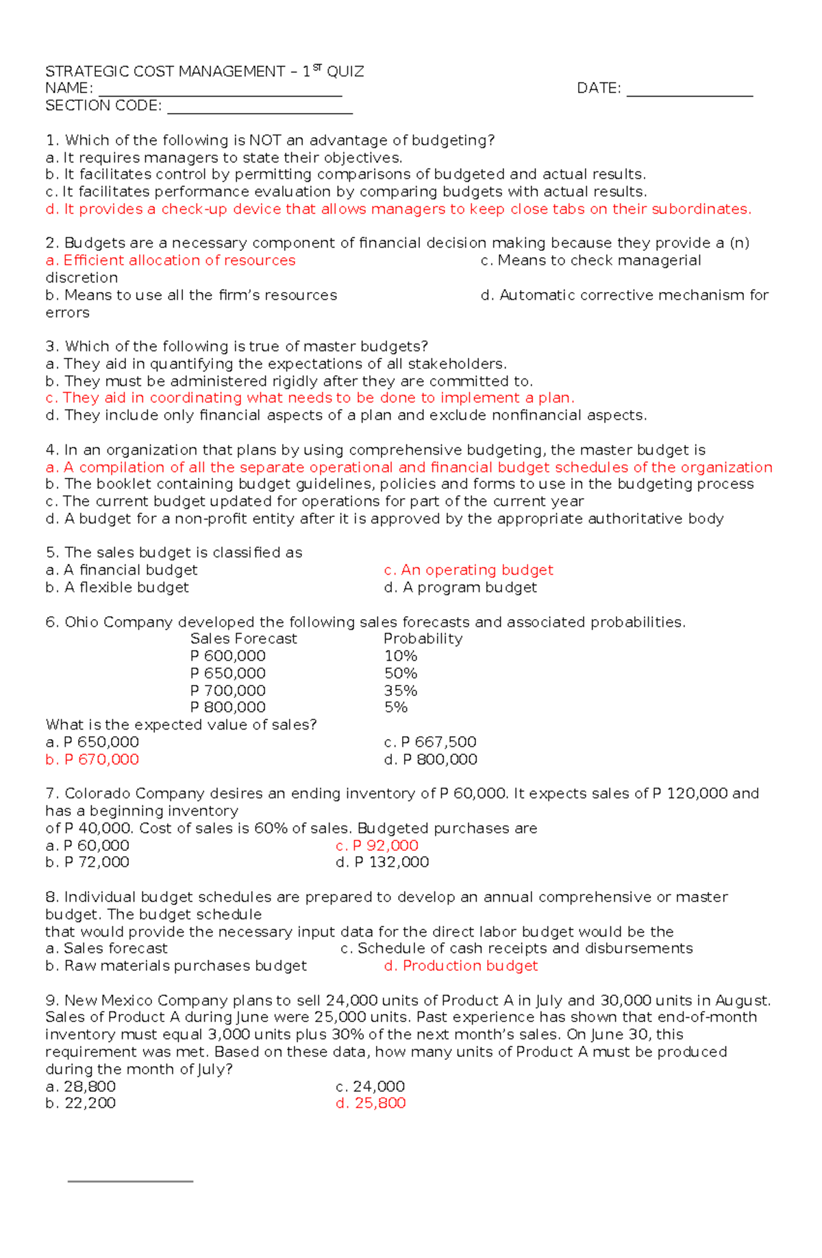 Quiz-Budgeting-Answer - STRATEGIC COST MANAGEMENT – 1ST QUIZ NAME