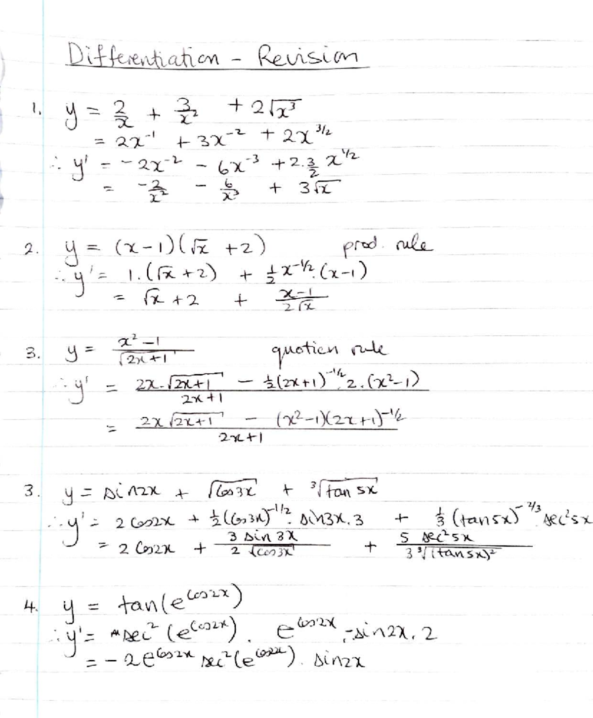 Differentiation Revision: Basic Examples for Calculus 101 - Studocu