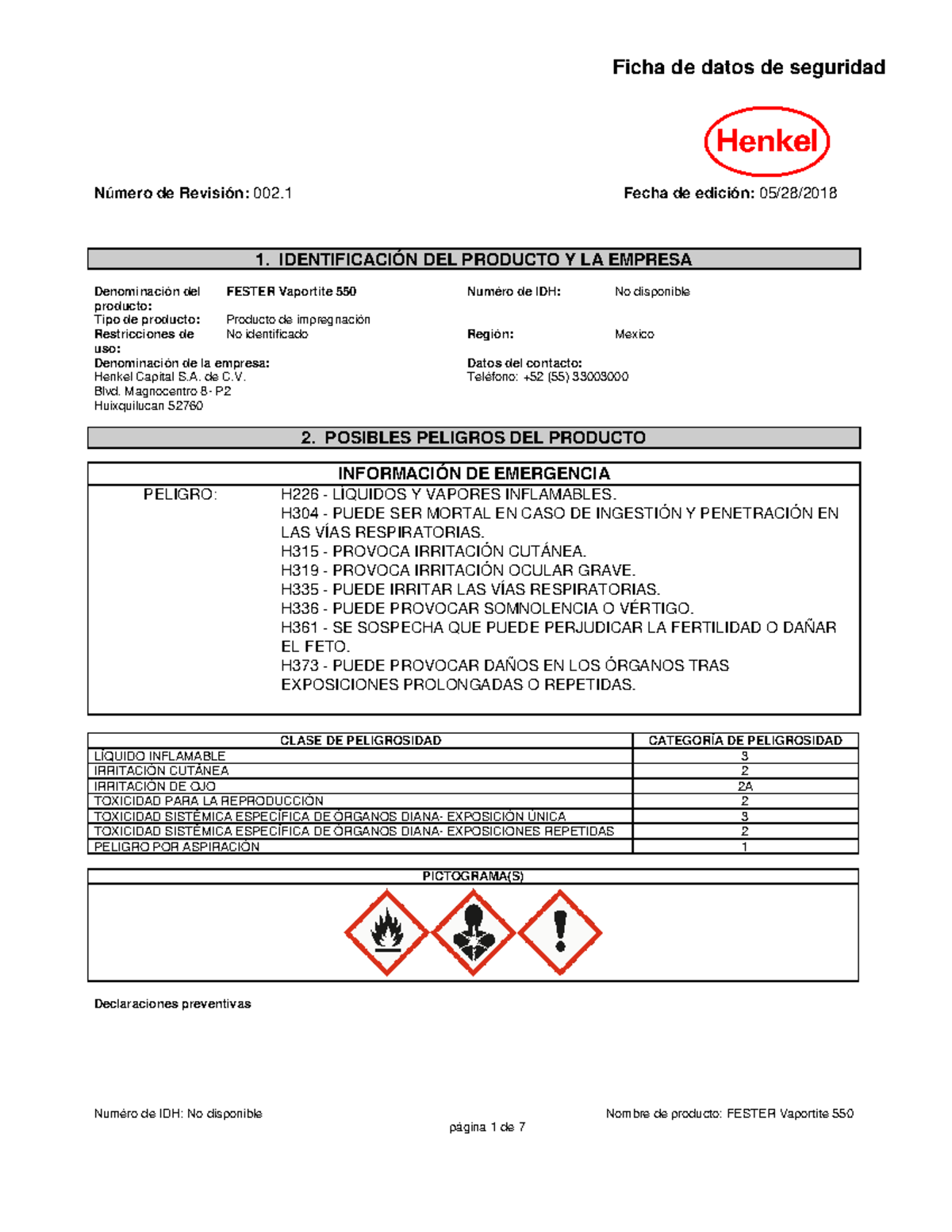 Hoja de Datos de Seguridad: FESTER Vaportite 550 (Revisión 002.1) - Studocu