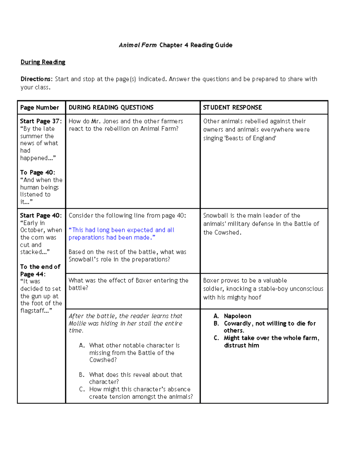 Animal Farm Chapter 4 Reading Guide - Answer the questions and be ...