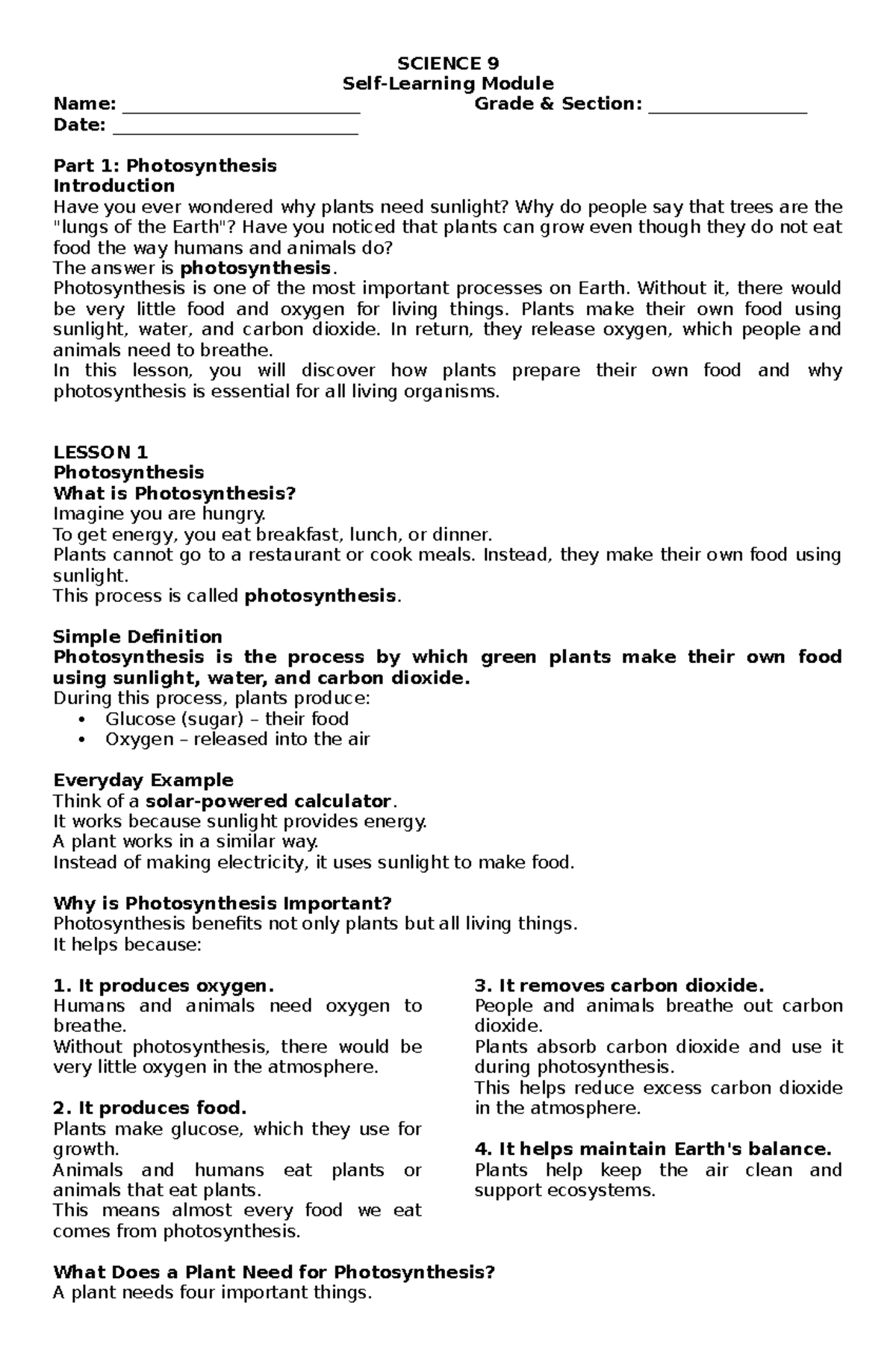 SCIENCE 9 Lesson Module: Photosynthesis & Cellular Respiration - Studocu