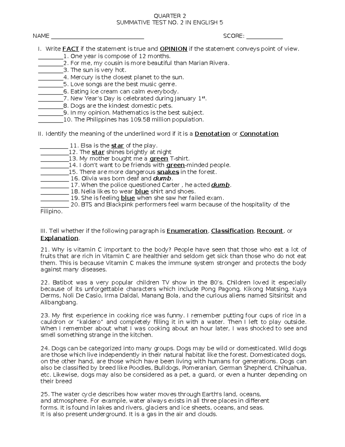 Quarter 2 English ST2 - summative test 2 - QUARTER 2 SUMMATIVE TEST NO ...