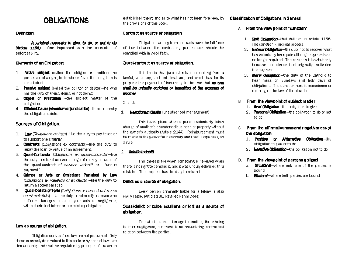 Obligations and Contracts: Key Concepts and Legal Principles - Reviewer (LAW101) - Studocu
