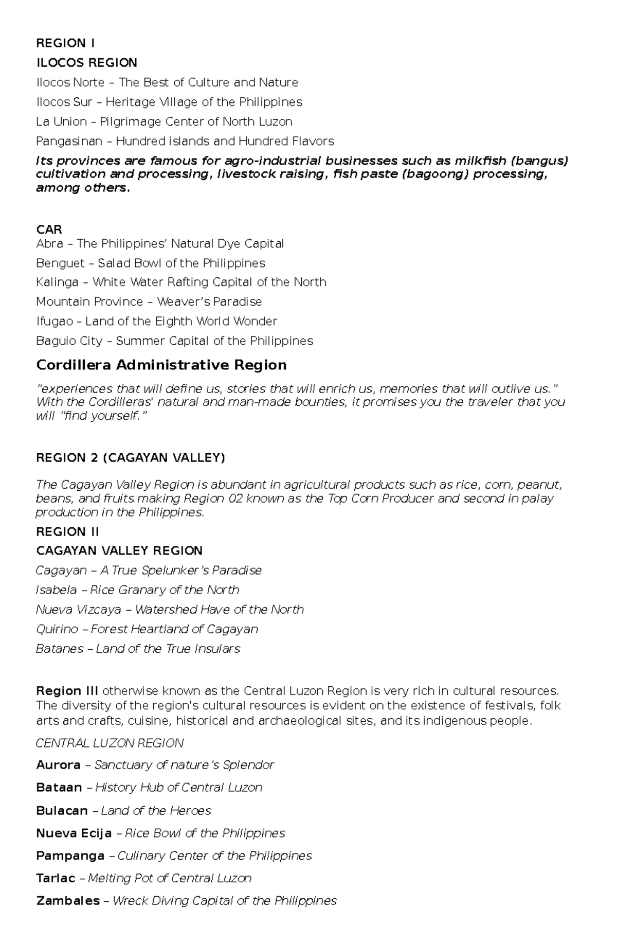 Ptgccc - Taglines for Philippine Provinces and Regions Overview - Studocu