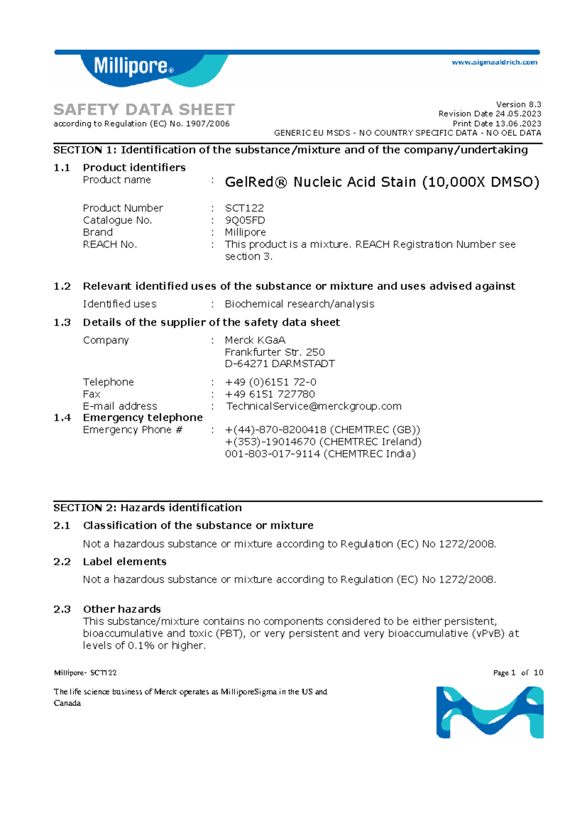 Gel Red MSDS (SCT122) - Safety Data Sheet for Nucleic Acid Stain ...
