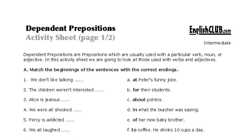 Dependent Prepositions Activity Sheet - EnglishCLUB.com - Studocu