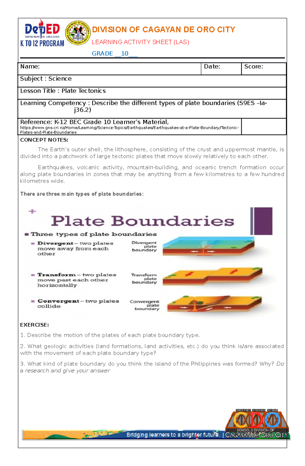Learning Activity Sheets: Science Lesson 2 - Plate Tectonics (Grade 10 ...