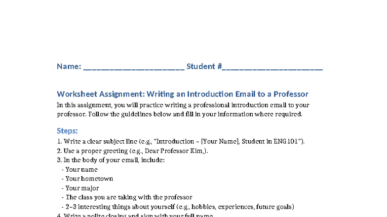 Worksheet: Writing an Intro Email to Prof (Assignment) - Studocu