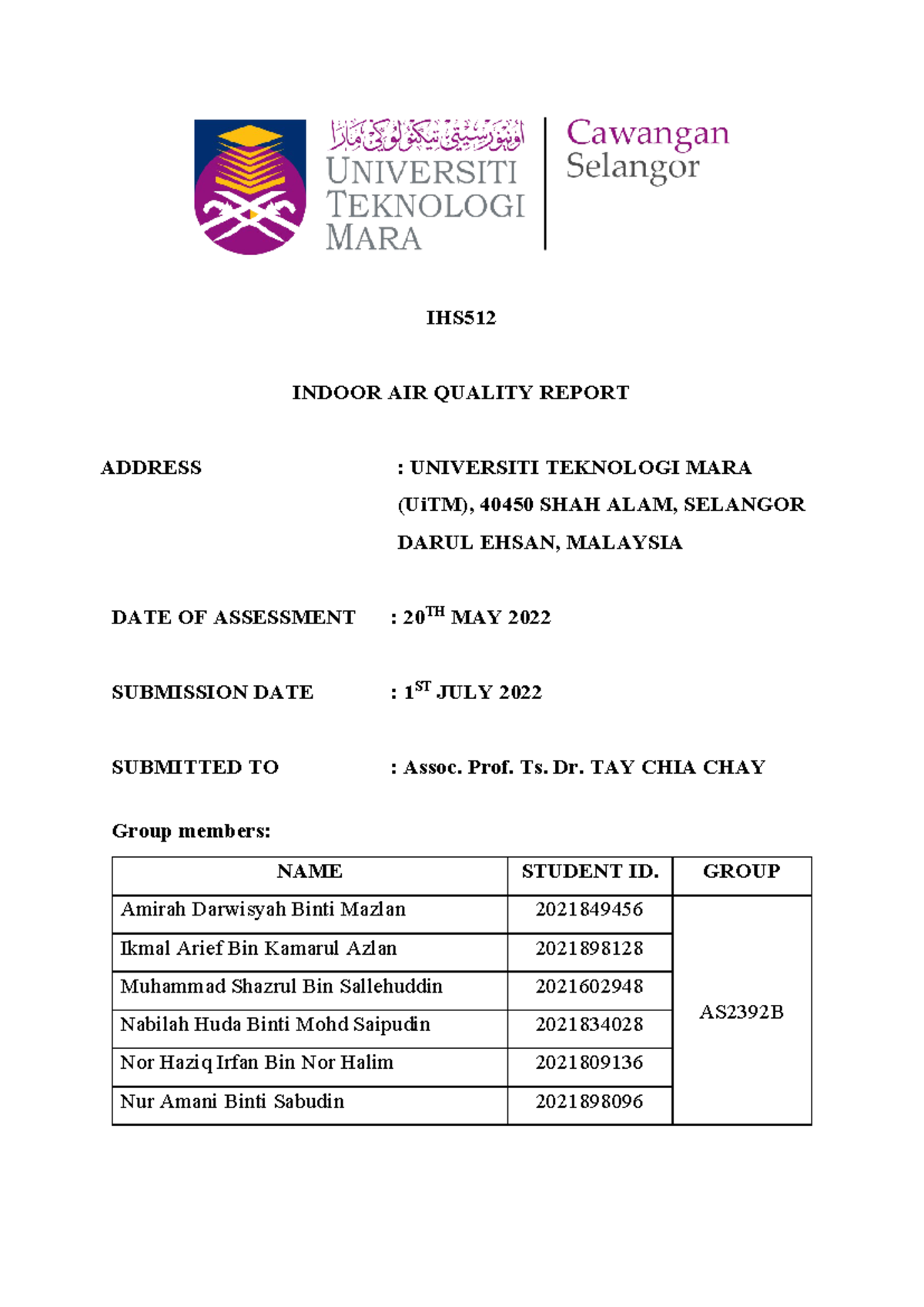 Group 3 IHS512 Report IAQ Final AS2392B - IHS INDOOR AIR QUALITY REPORT ...