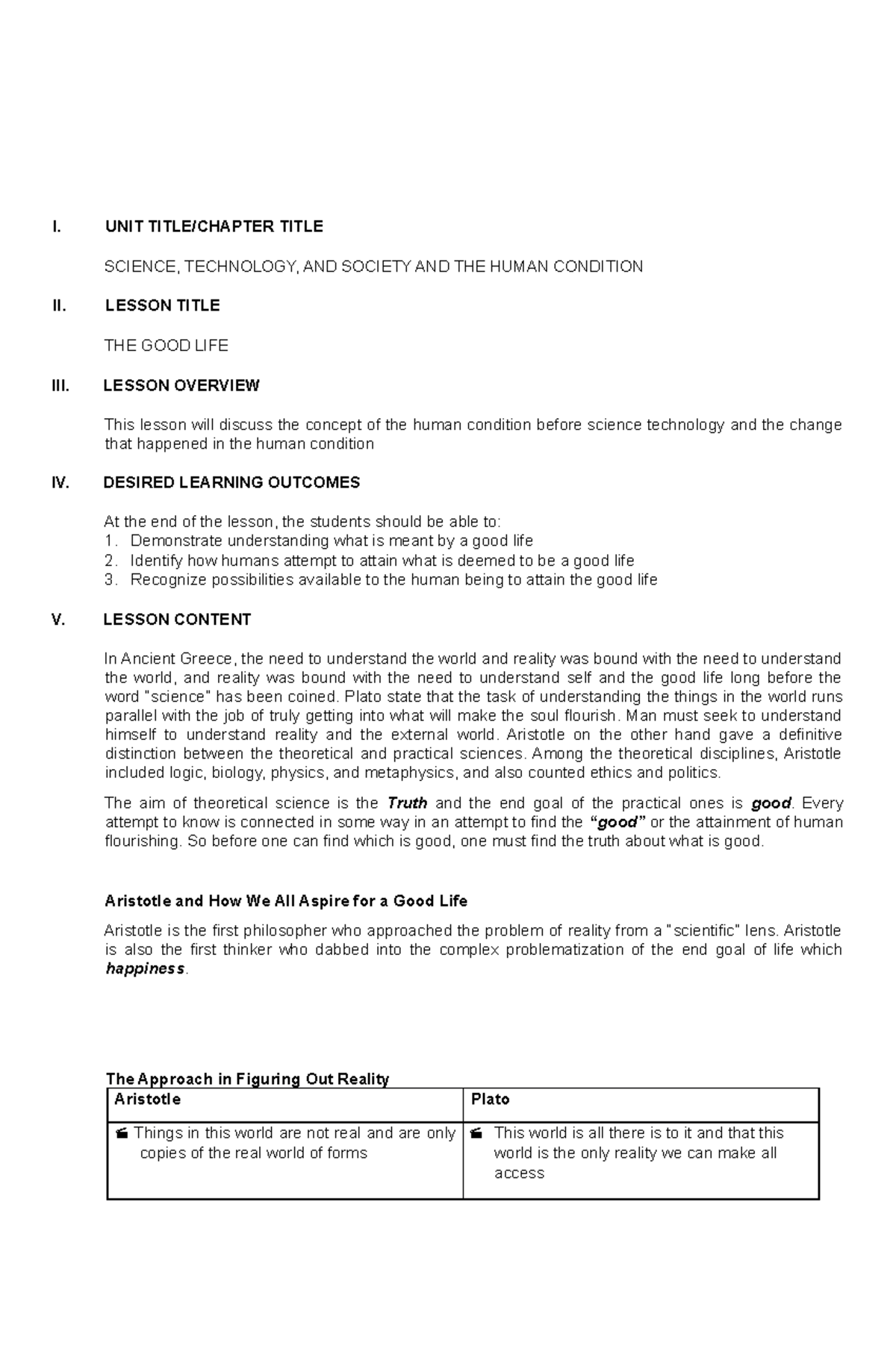 STS Lesson 9 The Good Life - I. UNIT TITLE/CHAPTER TITLE SCIENCE ...