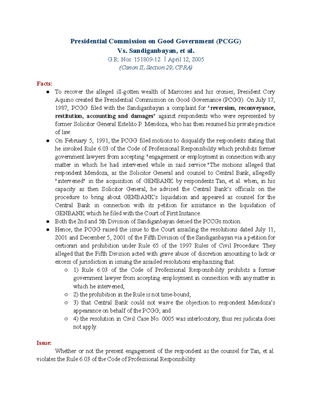 Canon II, Sec. 29- PCGG Vs. Sandiganbayan- Presidential Commission on ...