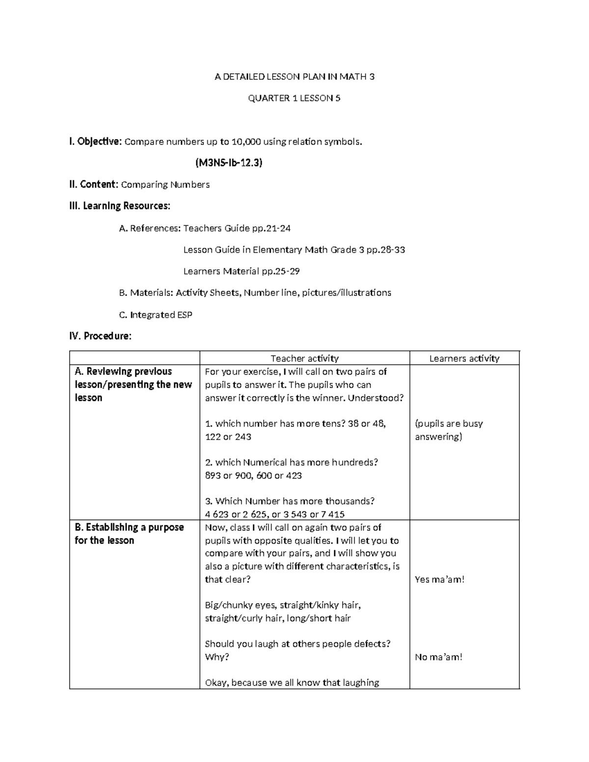 Detailed Lesson Plan: Math 3 - Quarter 1, Week 5 (M3NS-Ib-12.3) - Studocu