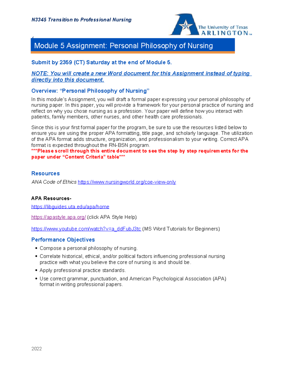 N3345 Module 5 Philosophy of Nursing Assignment - ‘ Submit by 2359 (CT ...