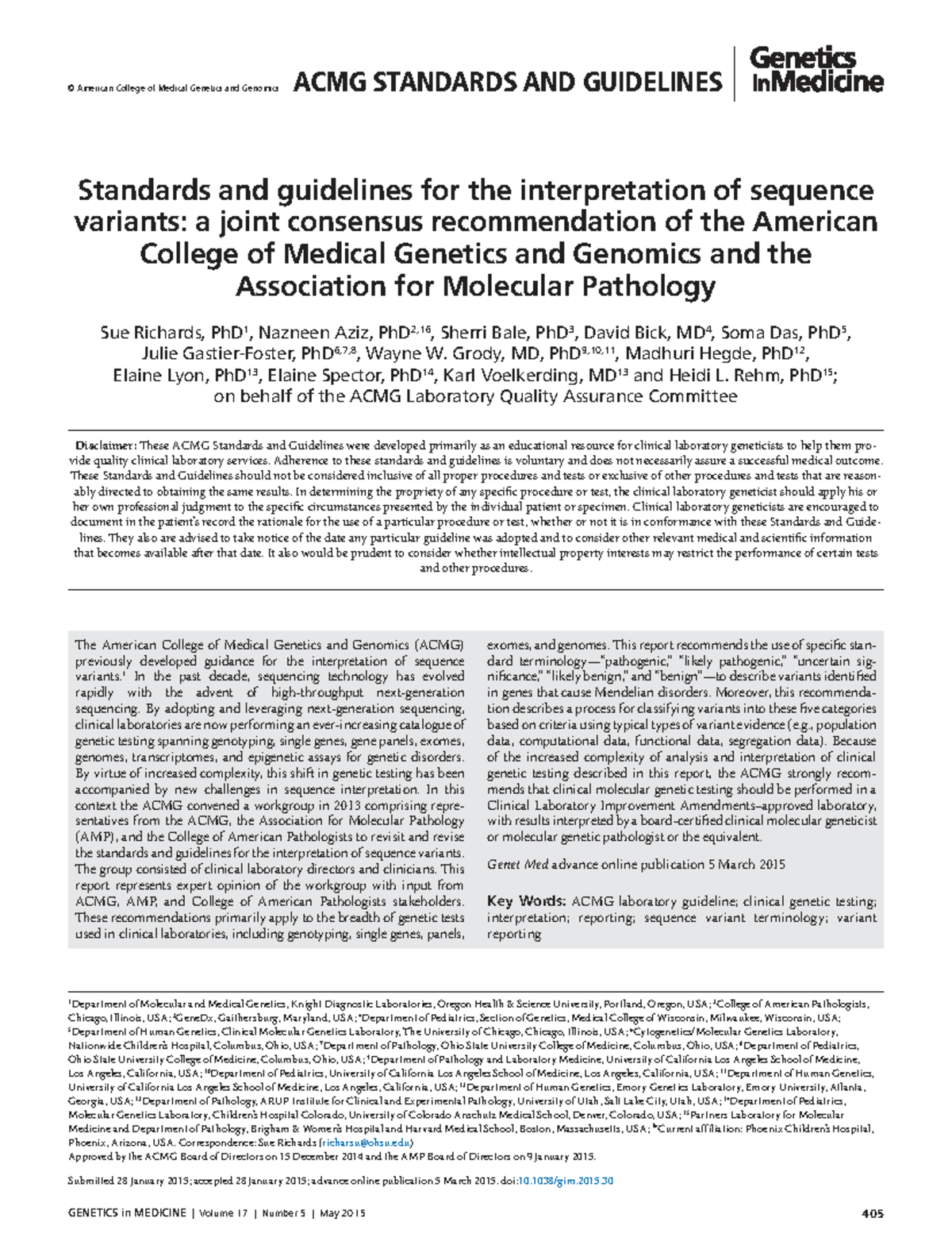 ACMG Standards & Guidelines for Sequence Variant Interpretation - Studocu