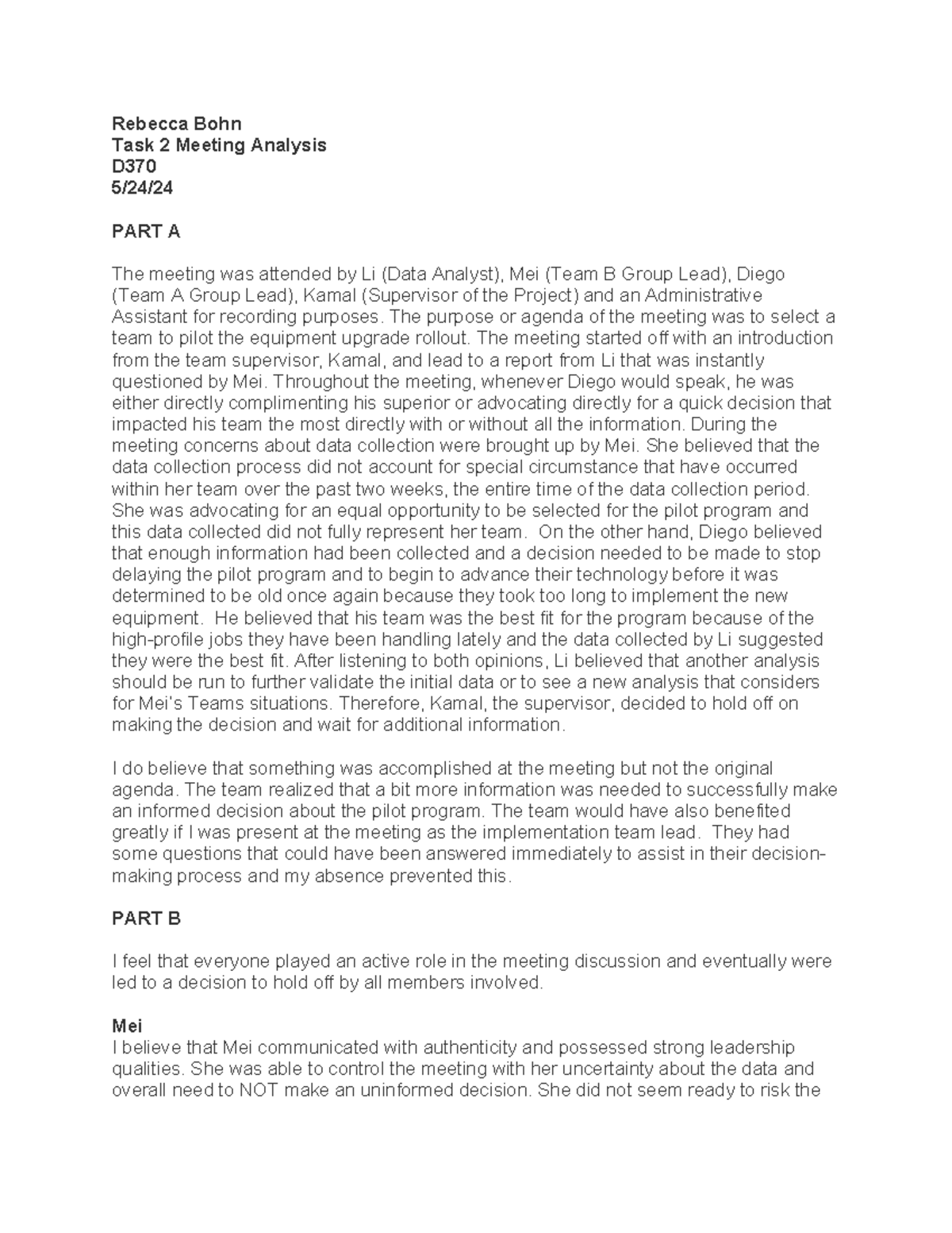 TASK 2 Meeting Analysis D370: Evaluating Team Dynamics and Decision ...