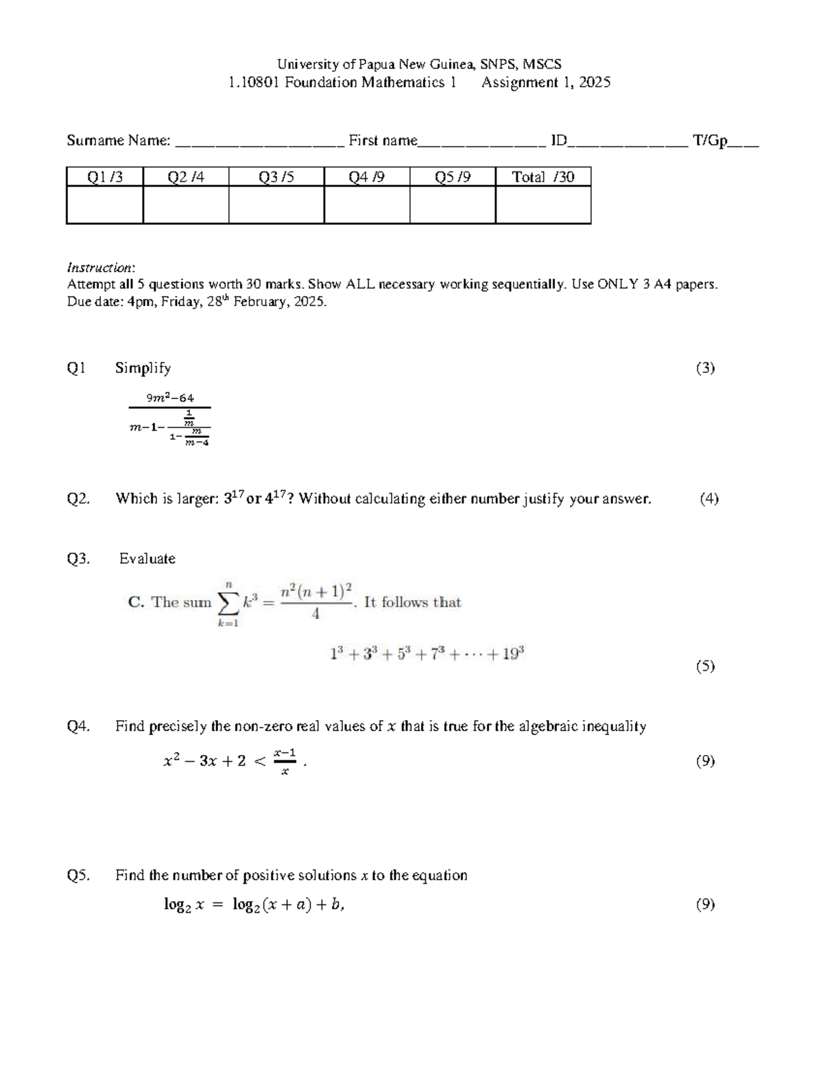 2025 MSCS 1.10801 Foundation Mathematics assignment 1 details - Studocu