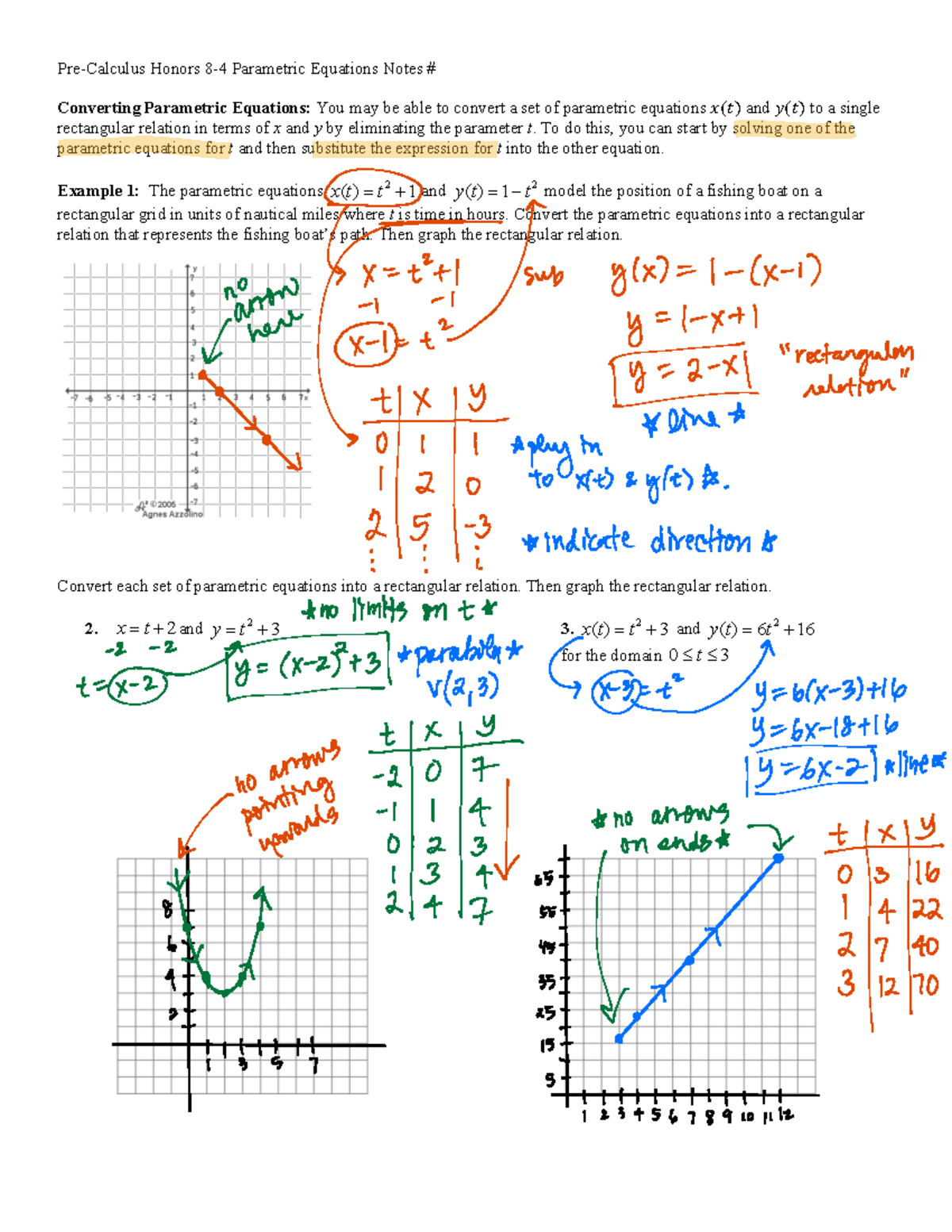 Pre-Calculus Honors (8-4) Notes: Converting Parametric Equations - Pre ...