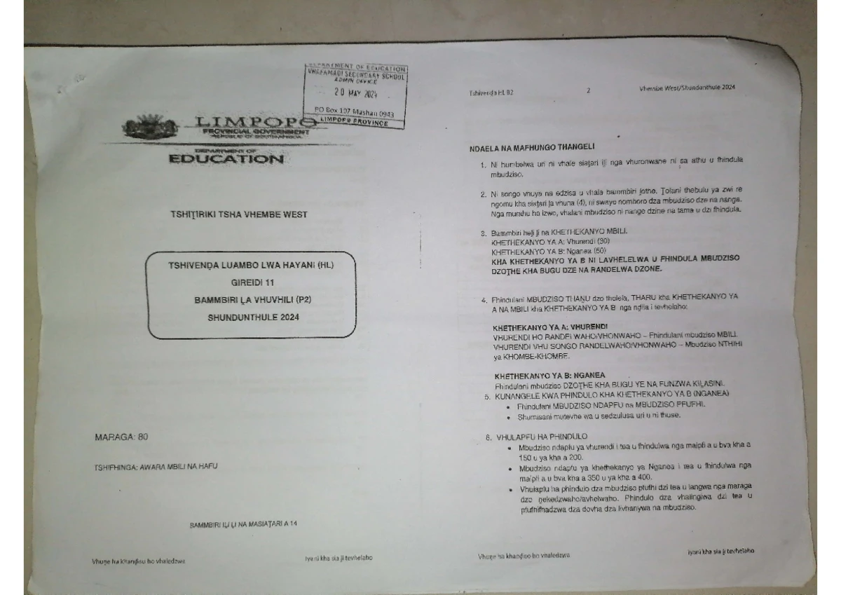 Tshivenda HL P2 final exam November 2020 question paper - Studocu