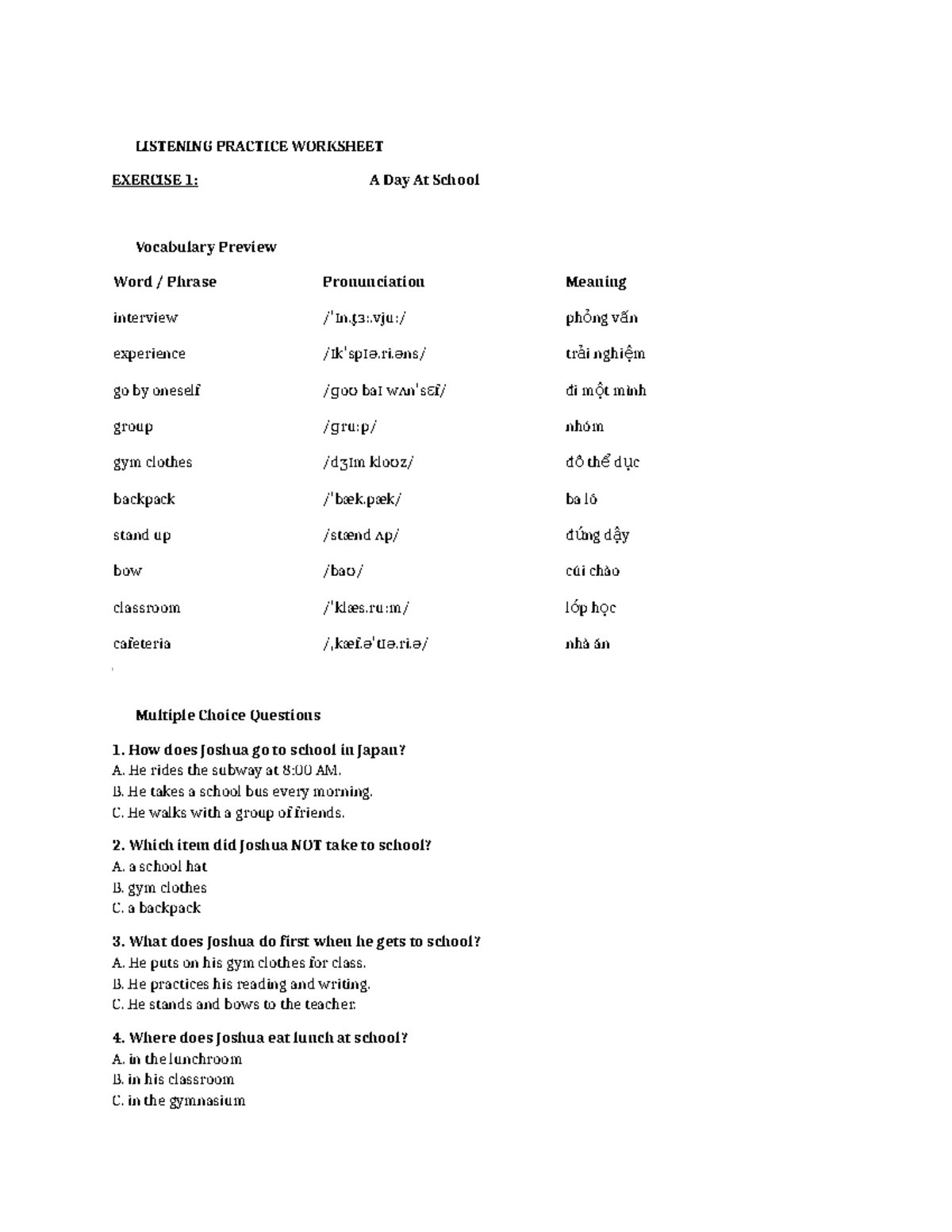 Listening Practice Worksheet: A Day at School Vocabulary & Exercises ...