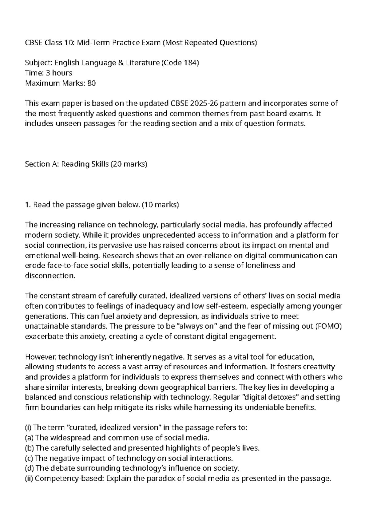 CBSE Class 10: Midterm Exam Practice (English Literature) Code 184 - Studocu