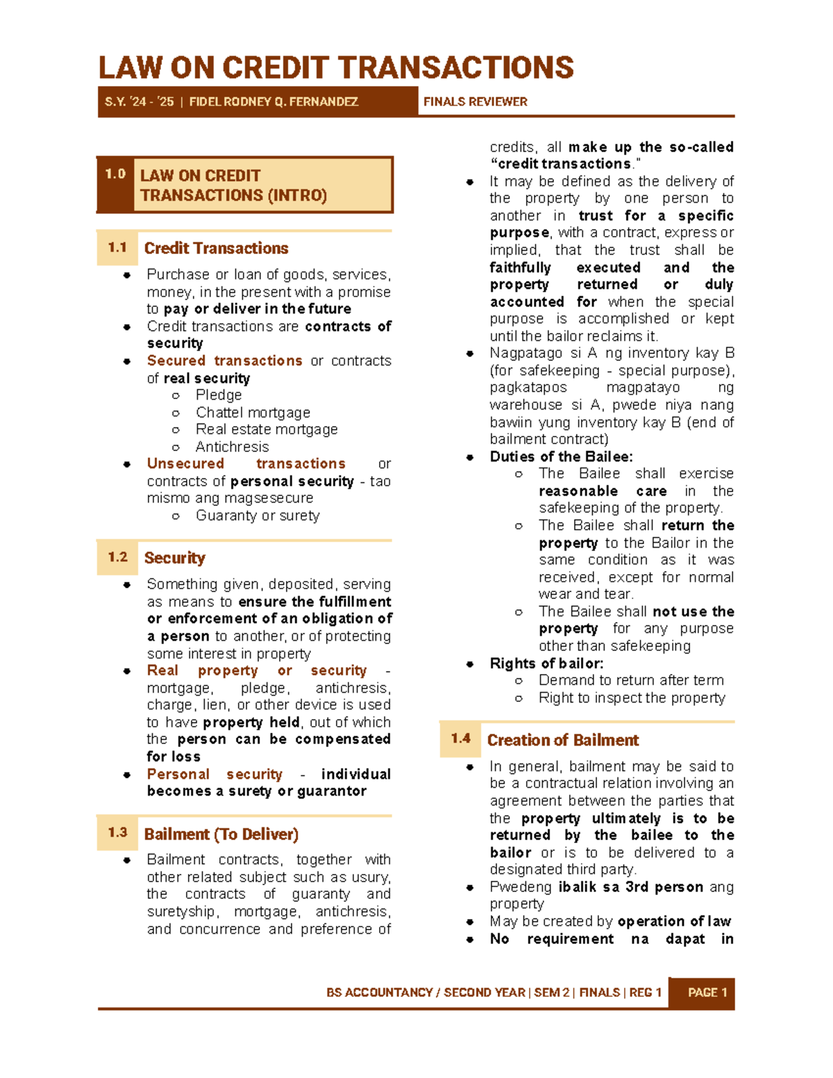 LAW ON CREDIT TRANSACTIONS - ACCOUNTANCY 2ND YEAR SEM 2 FINALS - Studocu