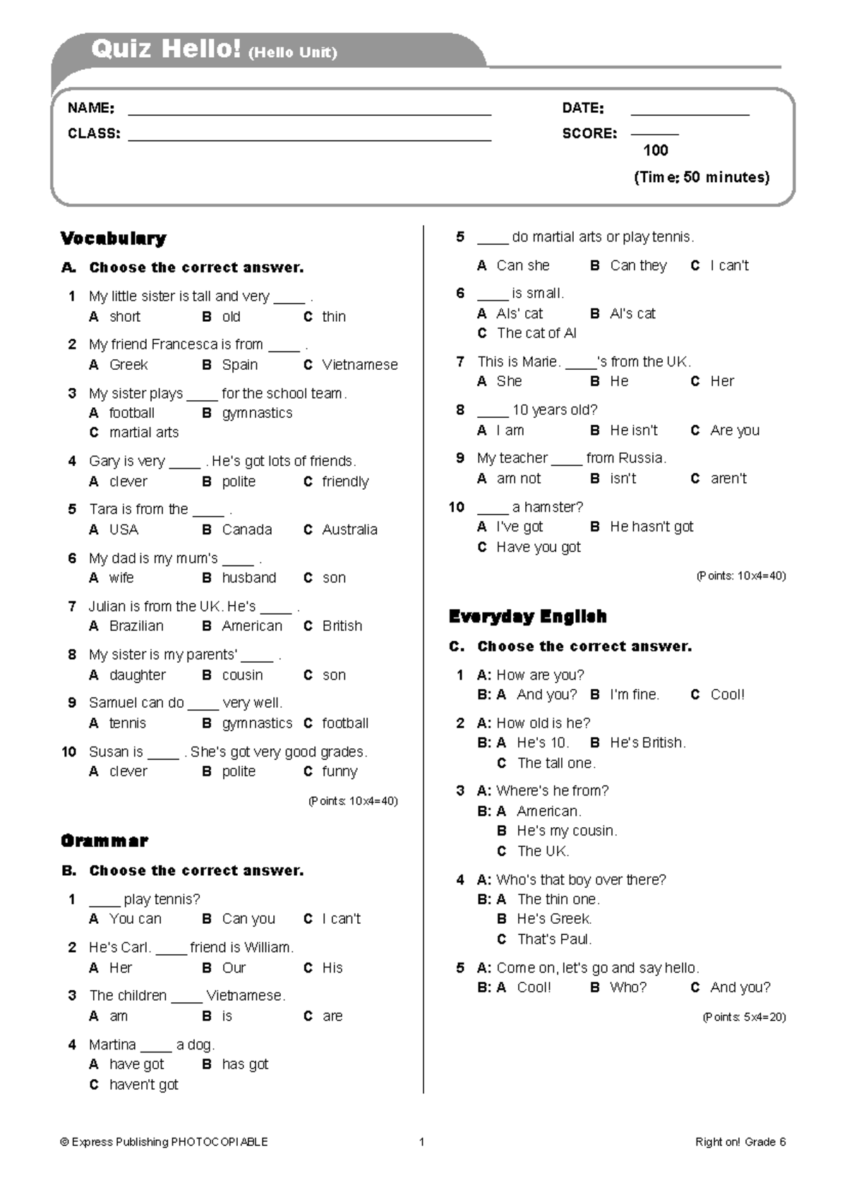 Quiz 2 (Unit 2) Vocabulary - Grade 6 (RO) - Studocu