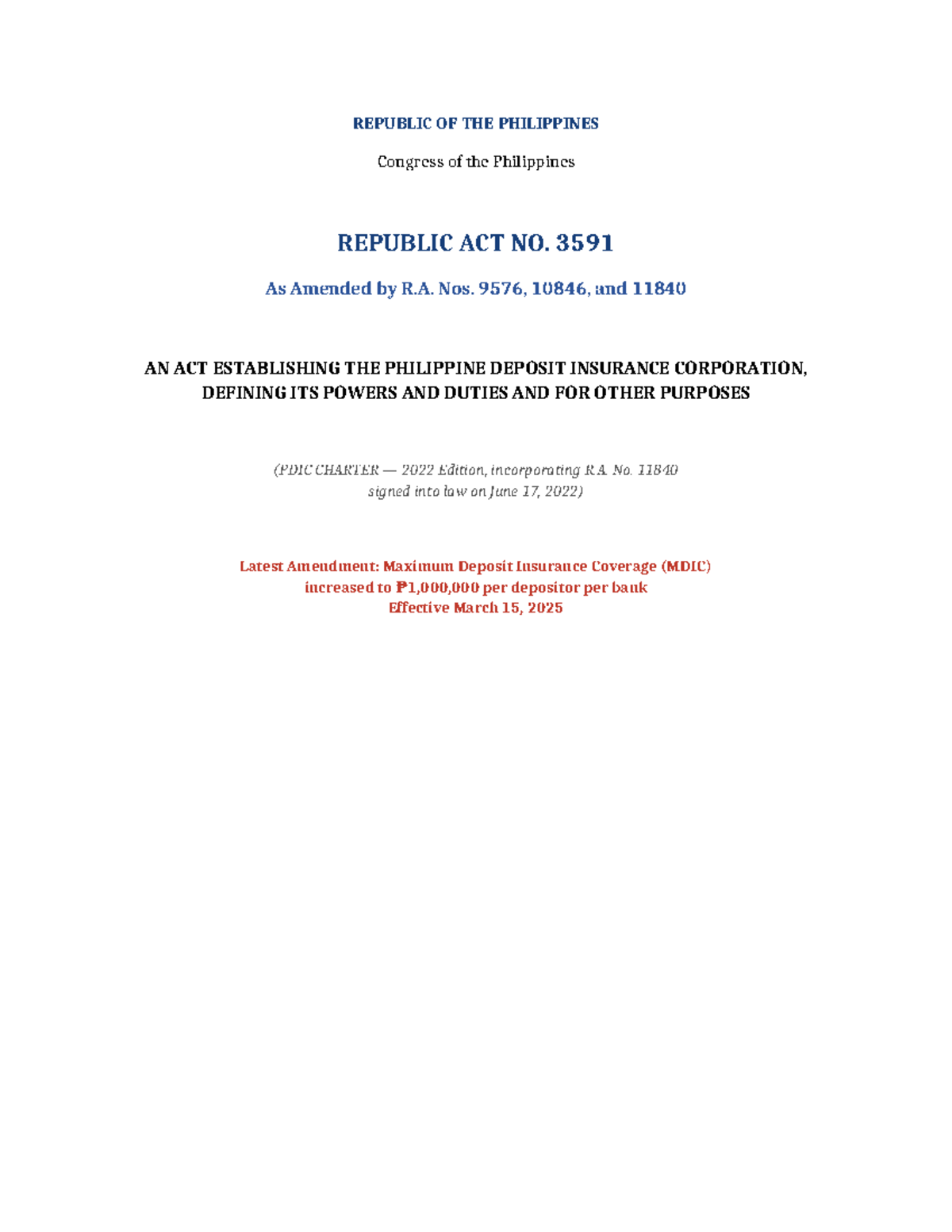 PDIC Charter Overview: RA 3591 & Amendments (RA 11840) - Studocu