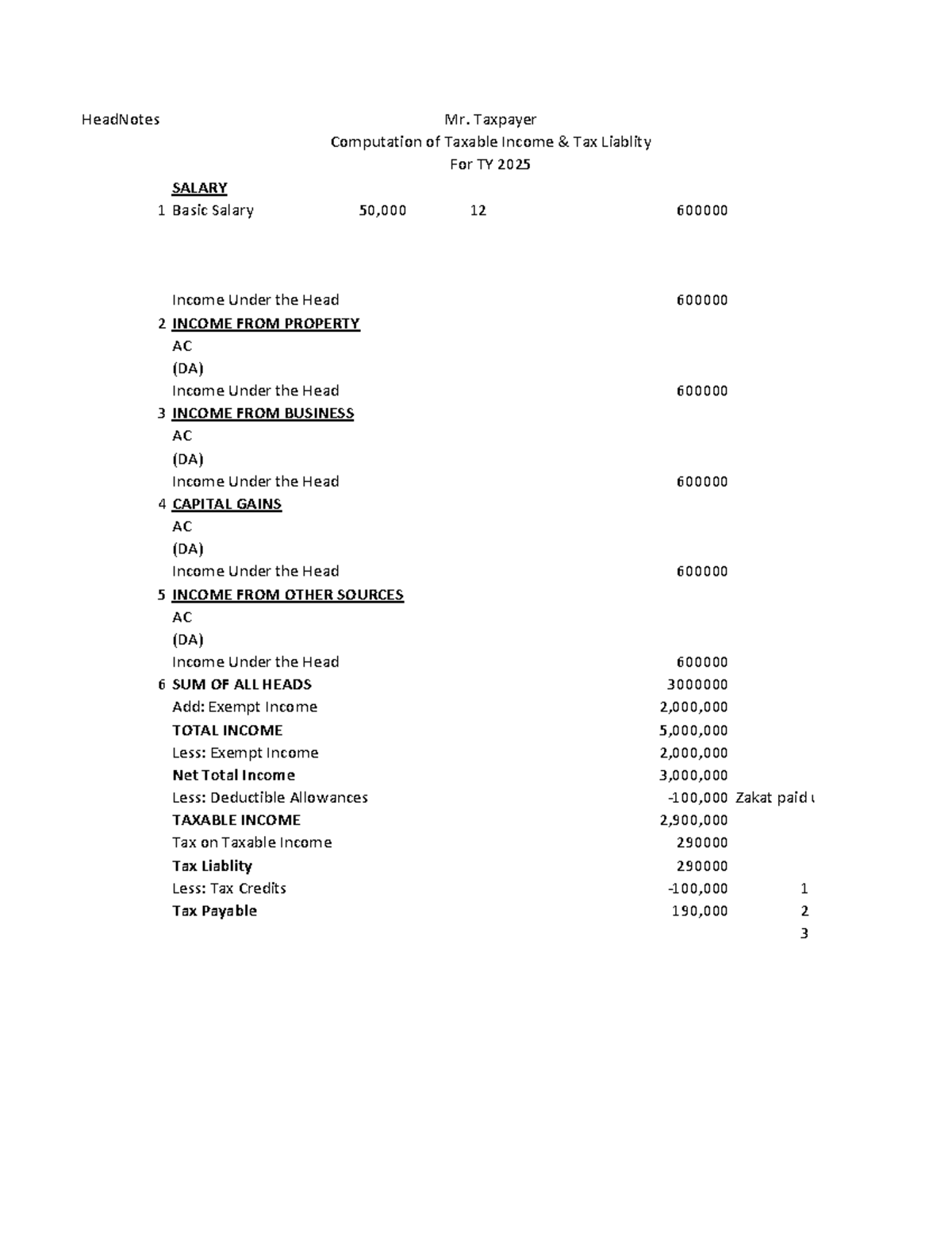 Computation of Taxable Income & Tax Liability Model Format for TY 2025 ...