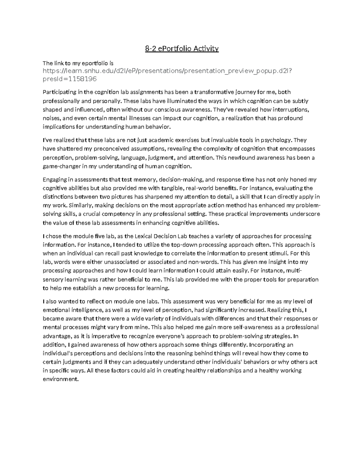 8-2 ePortfolio Activity Reflection on Cognition Lab Insights - Studocu