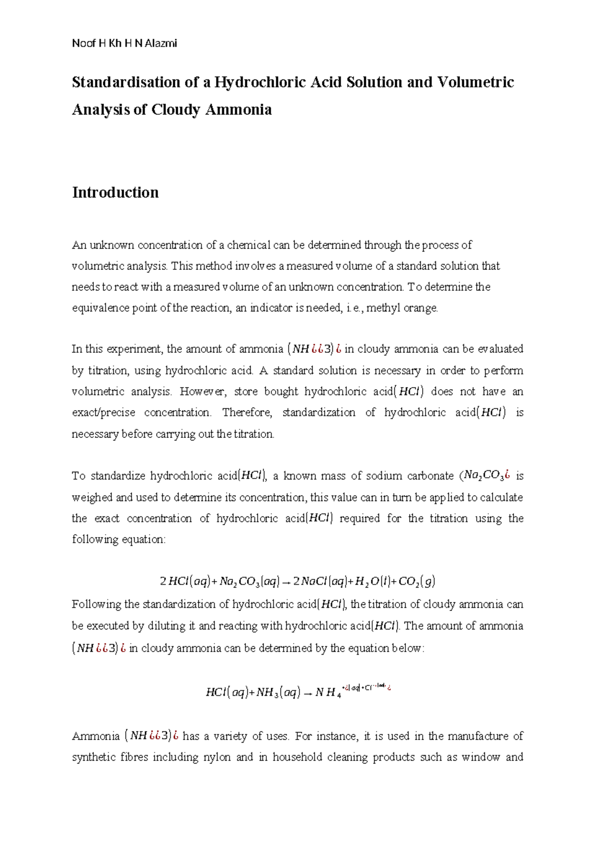 Chemistry Summative Prac 1: Standardization of HCl & Ammonia Analysis ...