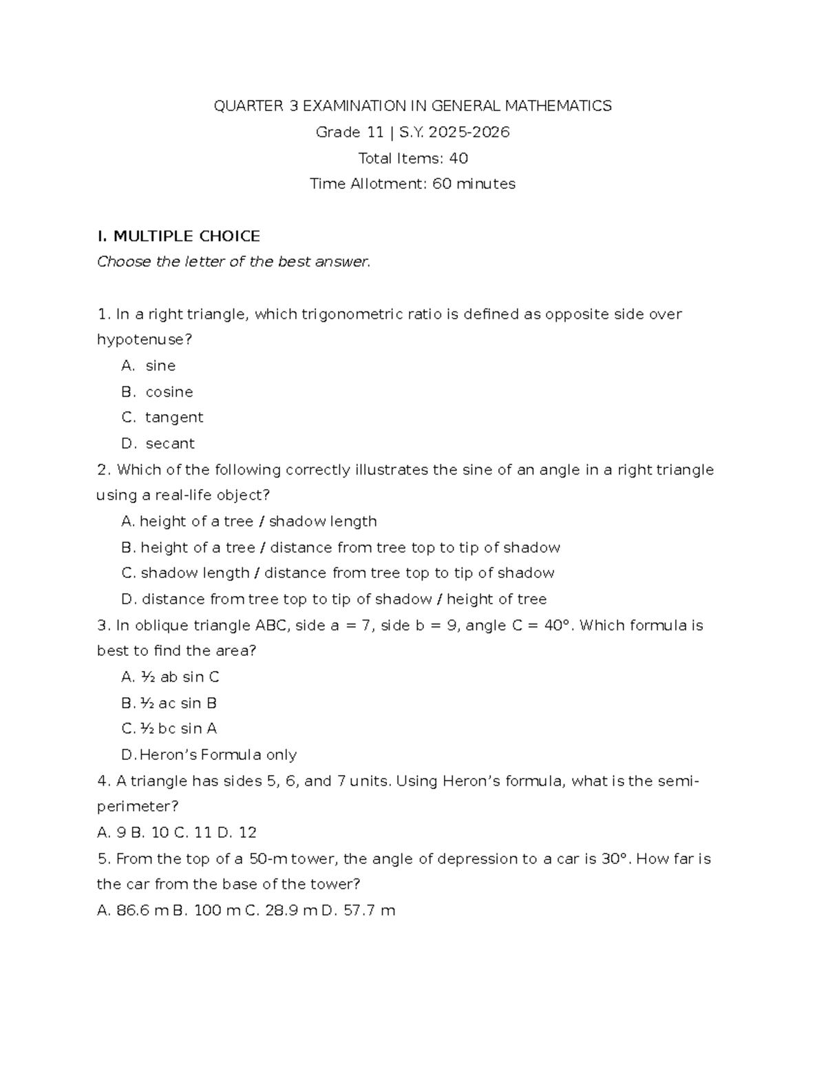 Quarter 3 Exam in General Mathematics (Grade 11) - Studocu