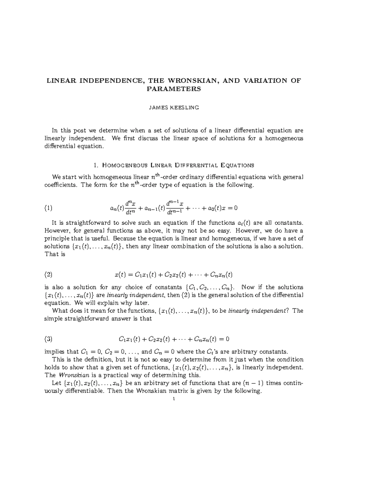 Wronskian & Variation of Parameters - MATH 3 Notes - Studocu