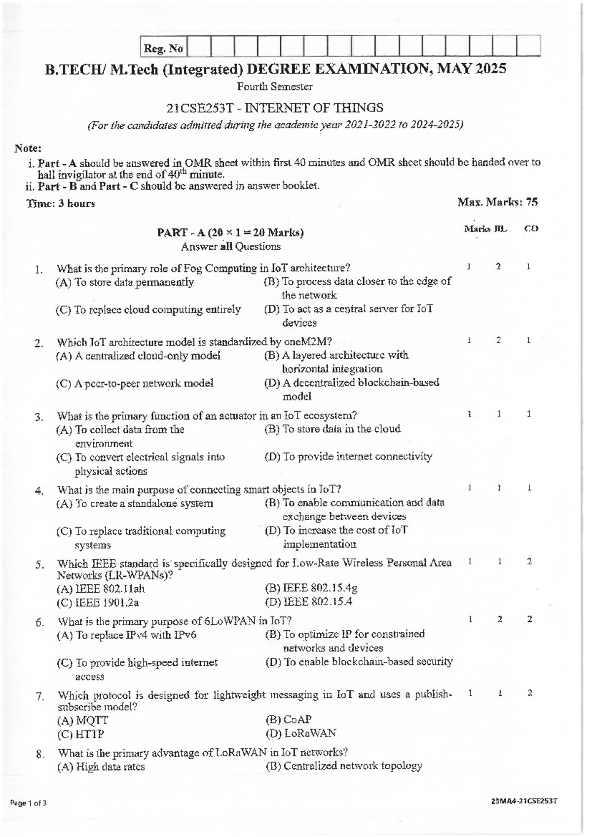 21CSE253T M.Tech IoT Final Exam Notes - May 2025 - Studocu