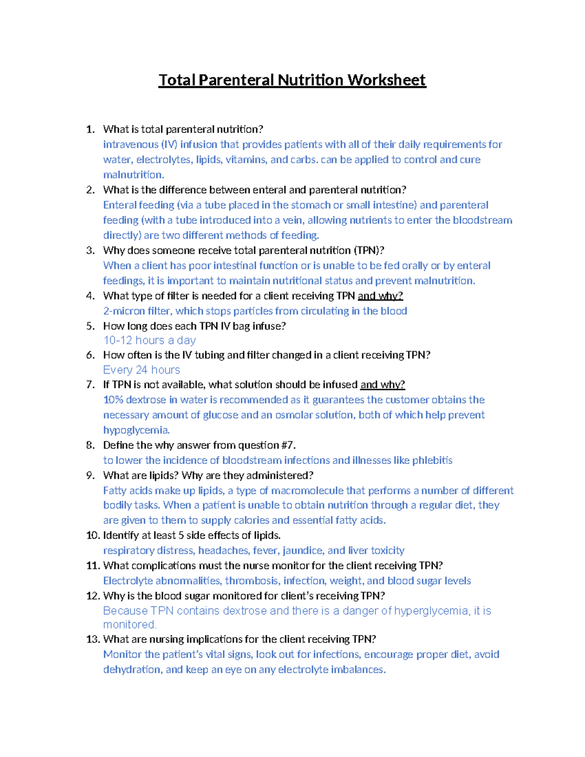 Total Parenteral Nutrition (TPN) Worksheet for Nursing Students - Studocu