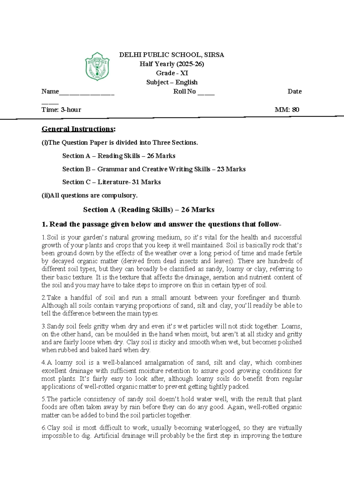 XI English Half Yearly Exam Question Paper - Grade 11 - Studocu