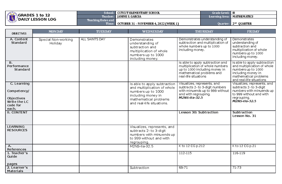 DLL MATH 2 Q2 W1 - Lesson Plan for Grade II Mathematics - Studocu