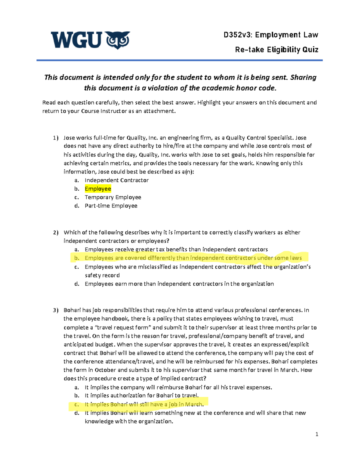 D352v3: Employment Law Eligibility Quiz - 2nd Attempt - Studocu