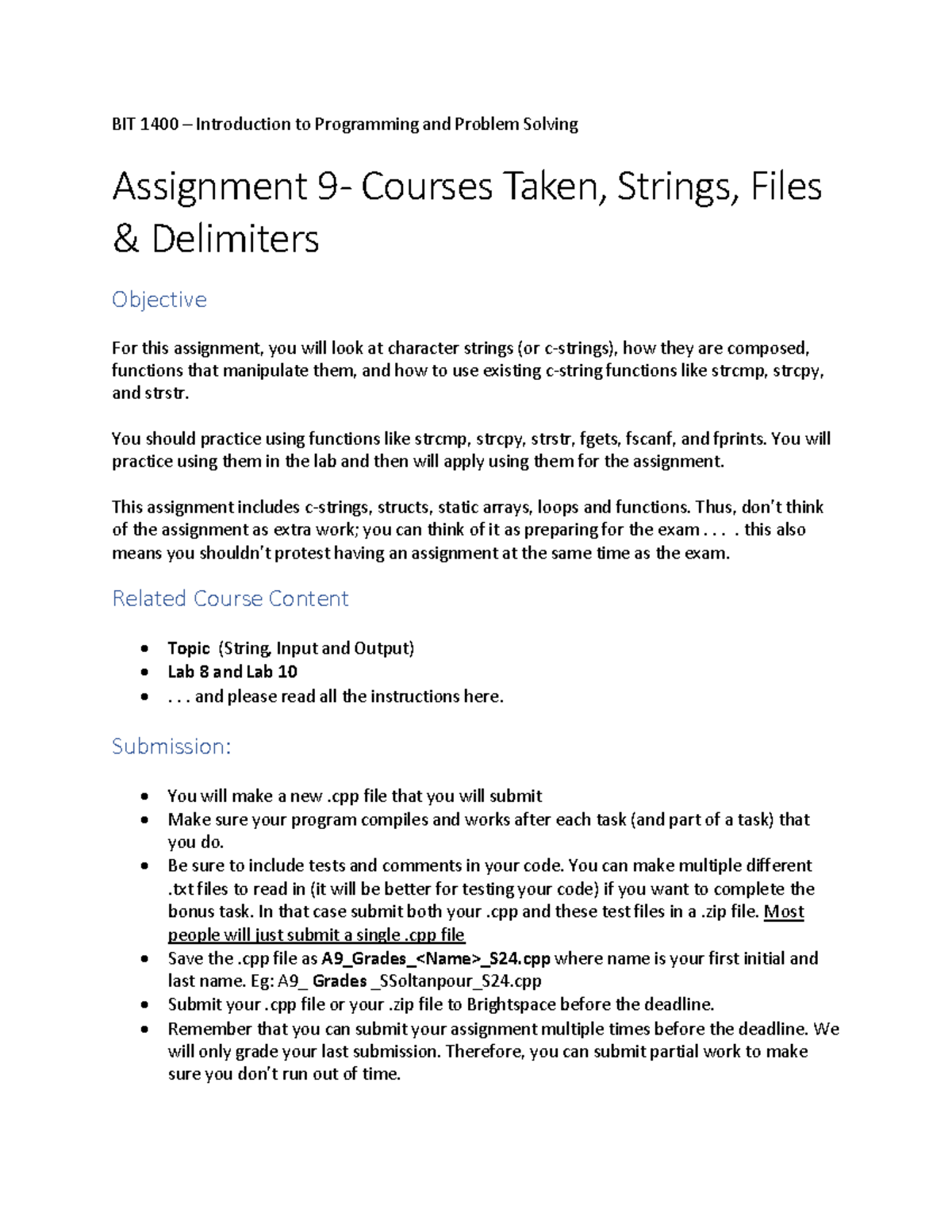 BIT 1400 - Assignment 9: Strings, Files, and Delimiters Overview - Studocu