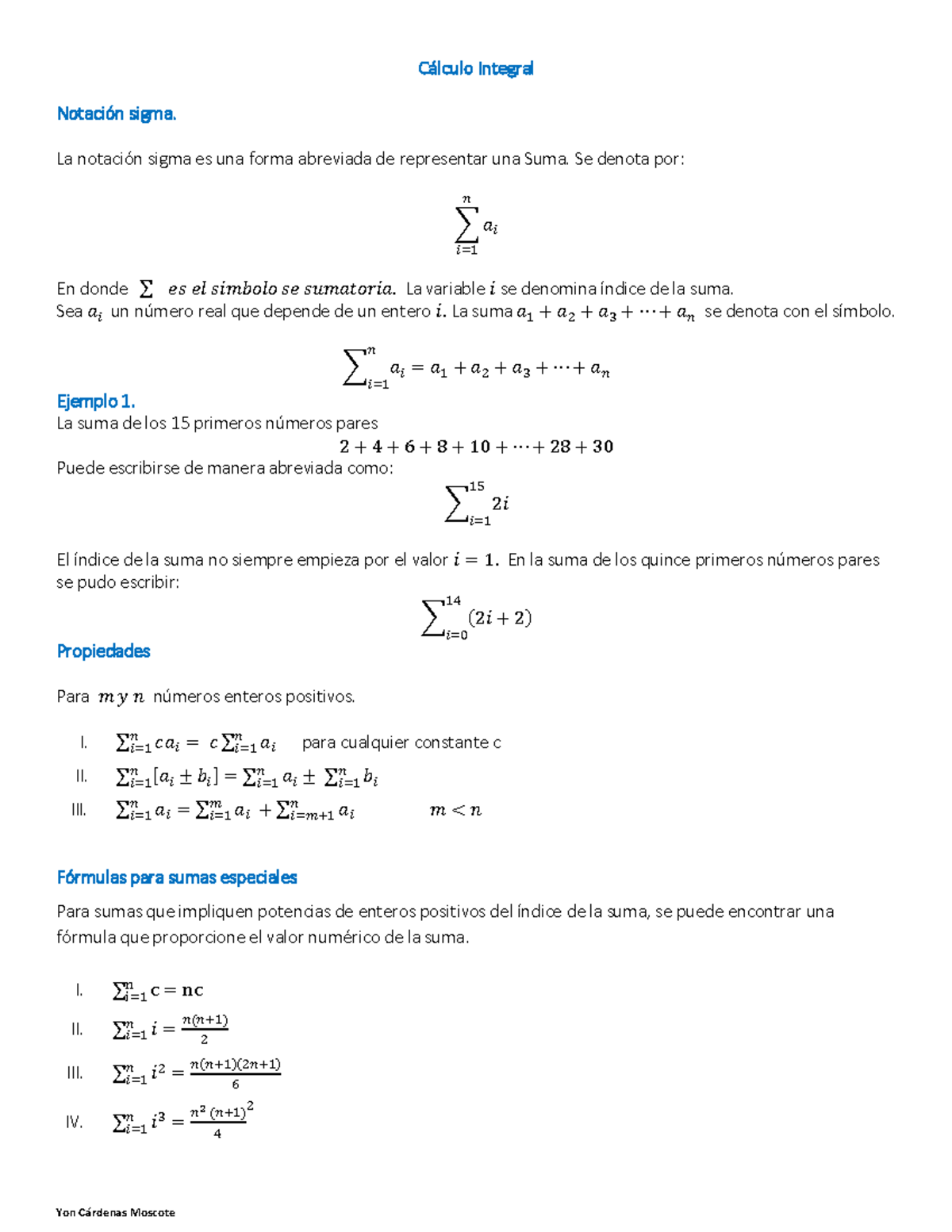 Cálculo Integral: Notación Sigma y Sumas Especiales - Studocu