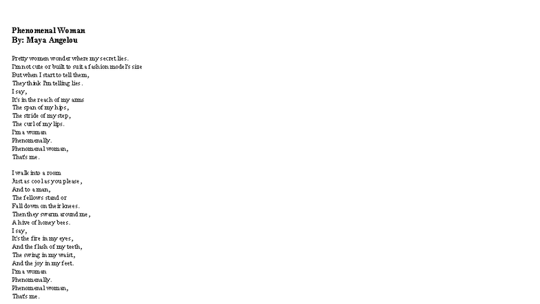 Phenomenal Woman: An Analysis of Maya Angelou's Poem - Studocu