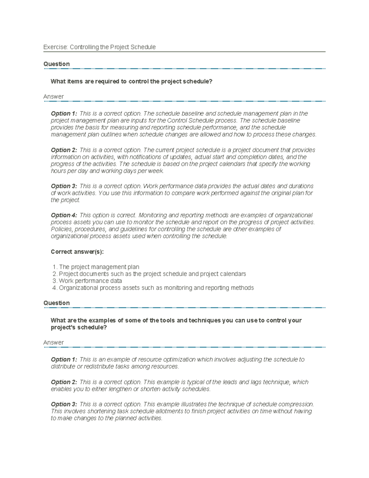 PMBOK Exercise: Controlling Project Schedule - Lesson 6 - Studocu