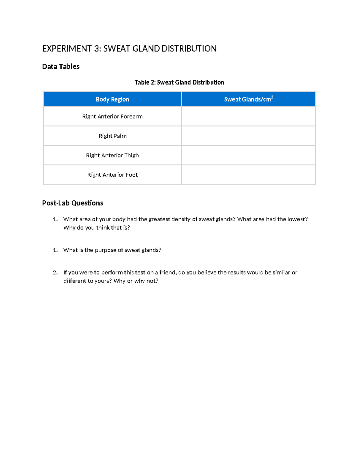 Lab 5 Experiment 3 Post Lab - EXPERIMENT 3: SWEAT GLAND DISTRIBUTION ...