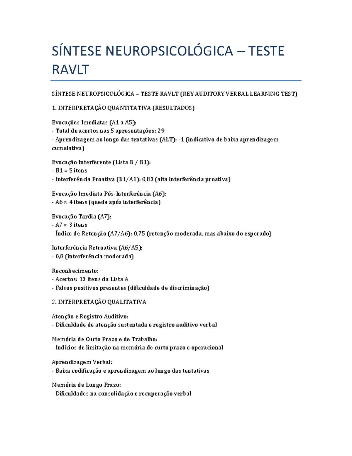 Síntese Neuropsicológica do Teste RAVLT: Interpretação Quantitativa e ...