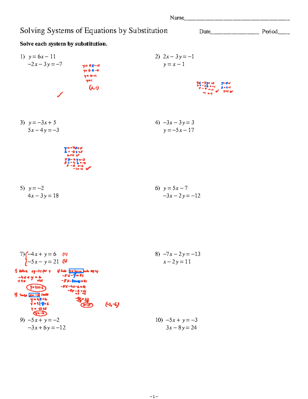 Kuta Software - Infinite Algebra 1: Solving Systems by Substitution ...